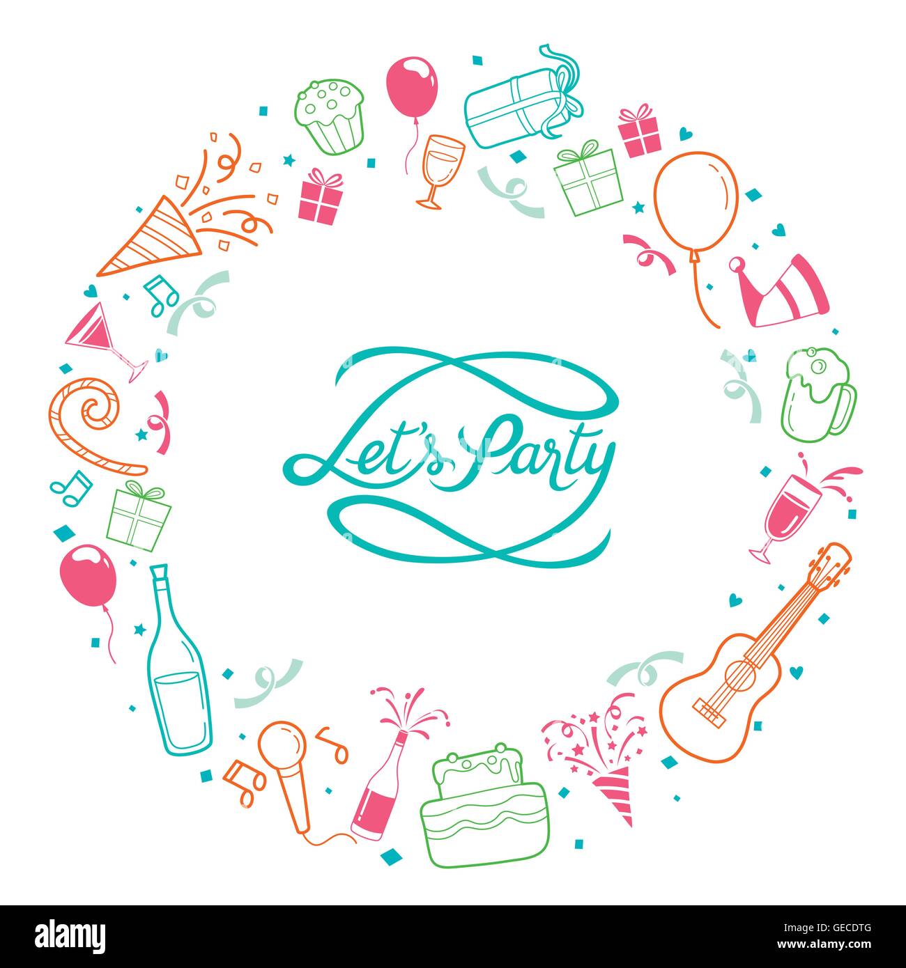 Party Letter And Icons On Round Frame, Calligraphy, Banquet, Feast ...