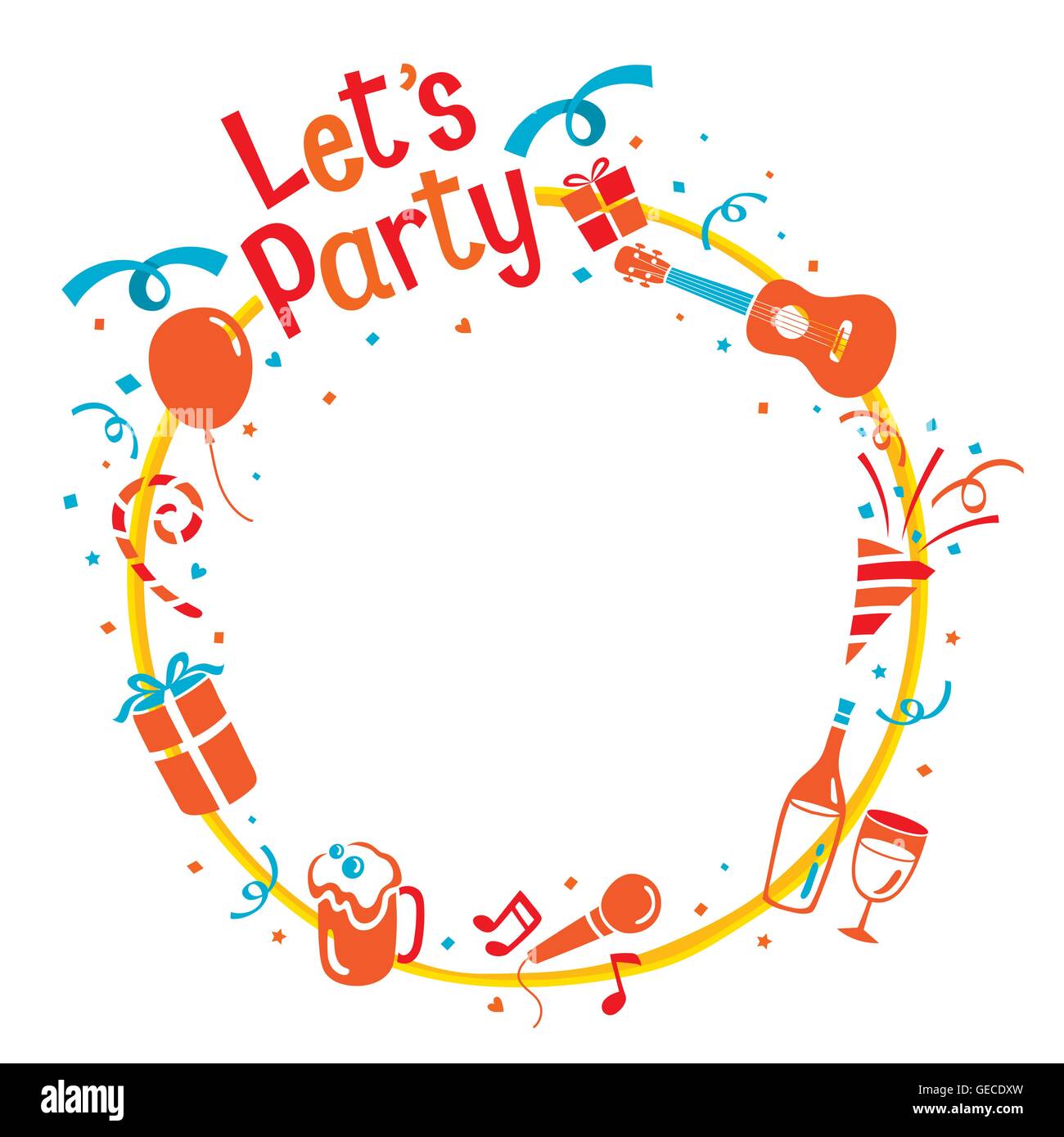 Party Letter, Icons And Pennant Flag On Circle Frame, Calligraphy ...