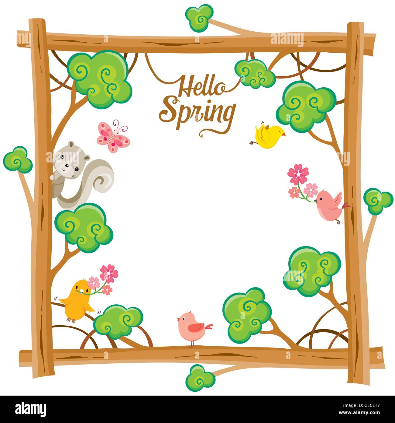 Tree With Animal On Square Frame, Spring Season, Lettering, Frame ...