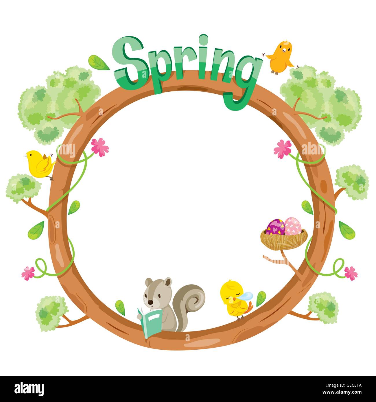 Tree With Animal On Circle Frame, Spring Season, Lettering, Frame ...