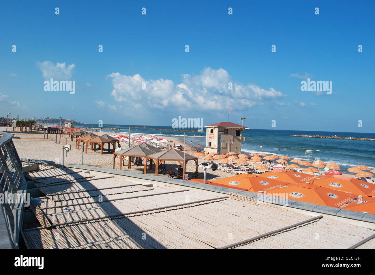 Israel: a guard tower on a beach on the Tayelet, the Tel Aviv Promenade ...