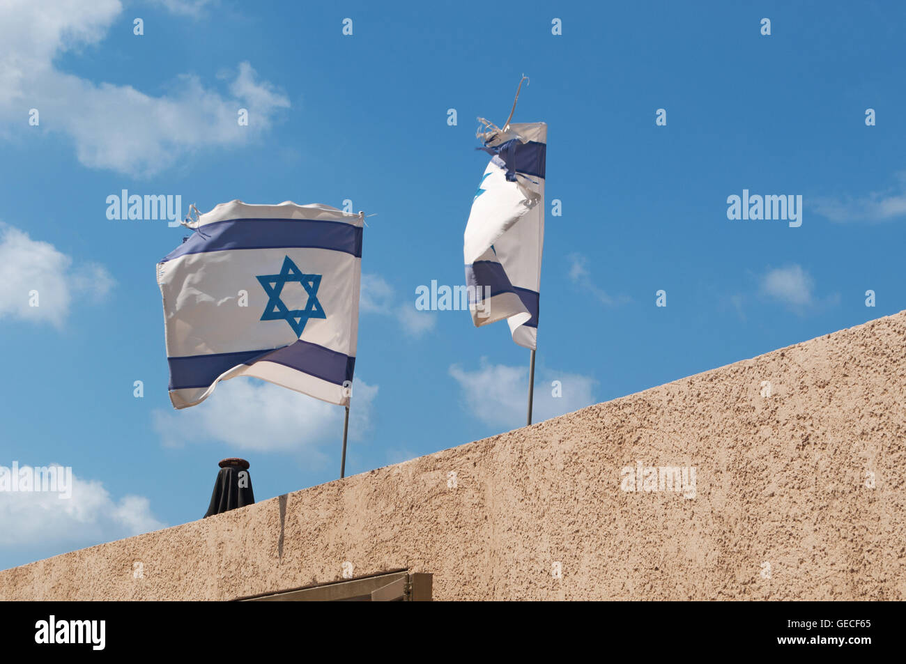 Tel Aviv: two waving flags of Israel, the flag of Israel was adopted on ...