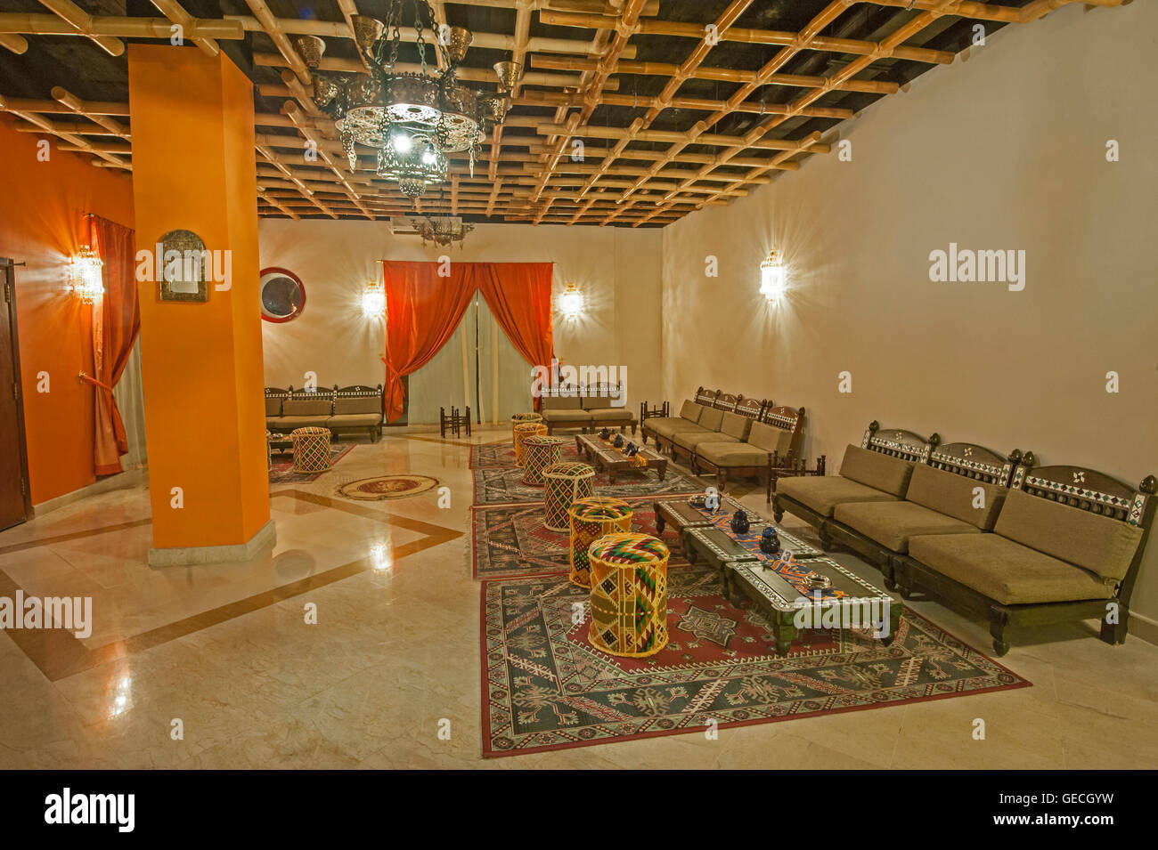 View of an ornate oriental cafe coffee shop bar interior in evening ...