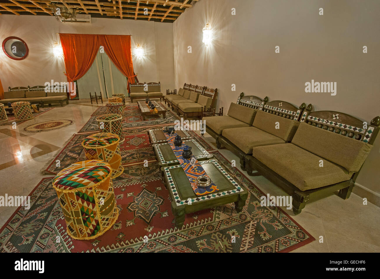View of an ornate oriental cafe coffee shop bar interior in evening ...