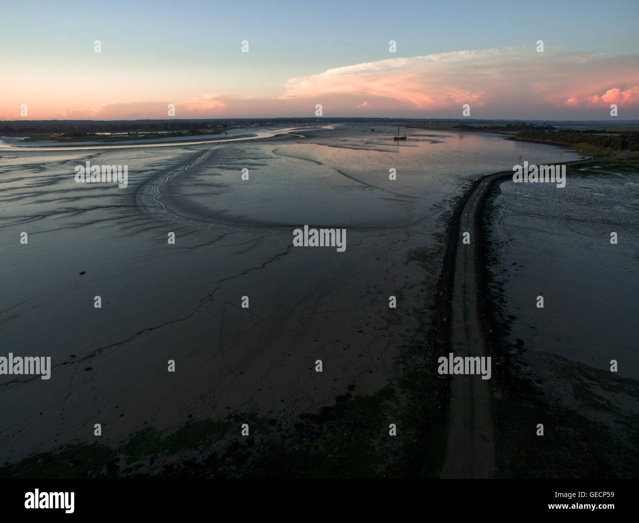 Aerial view of Fishing smack, nested in the mud in th Blackwater ...