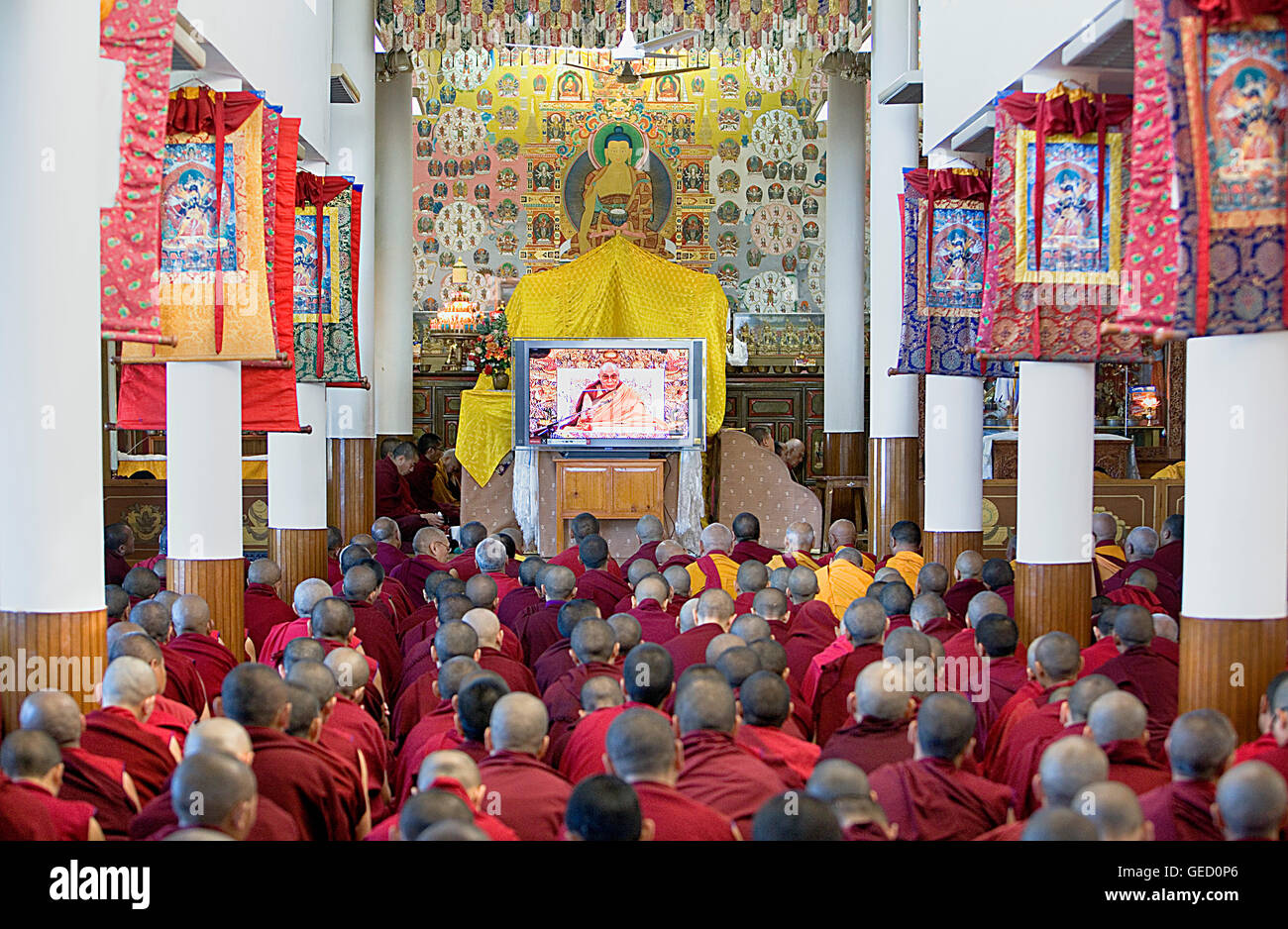 Monks watching His holiness the Dalai Lama during teachings at Namgyal ...