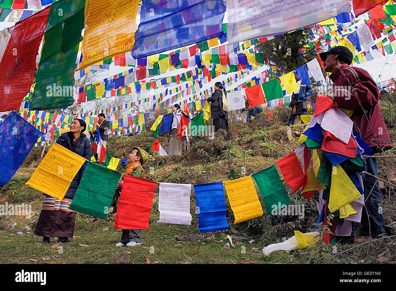 People during Losar, new year, hanging Tibetan prayer flags in Lhagyal ...