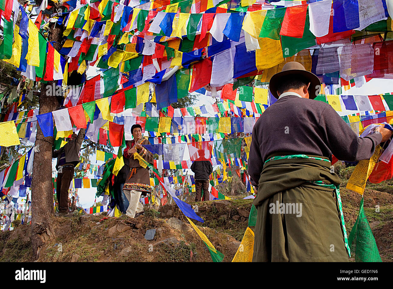 People during Losar, new year, hanging Tibetan prayer flags in Lhagyal ...