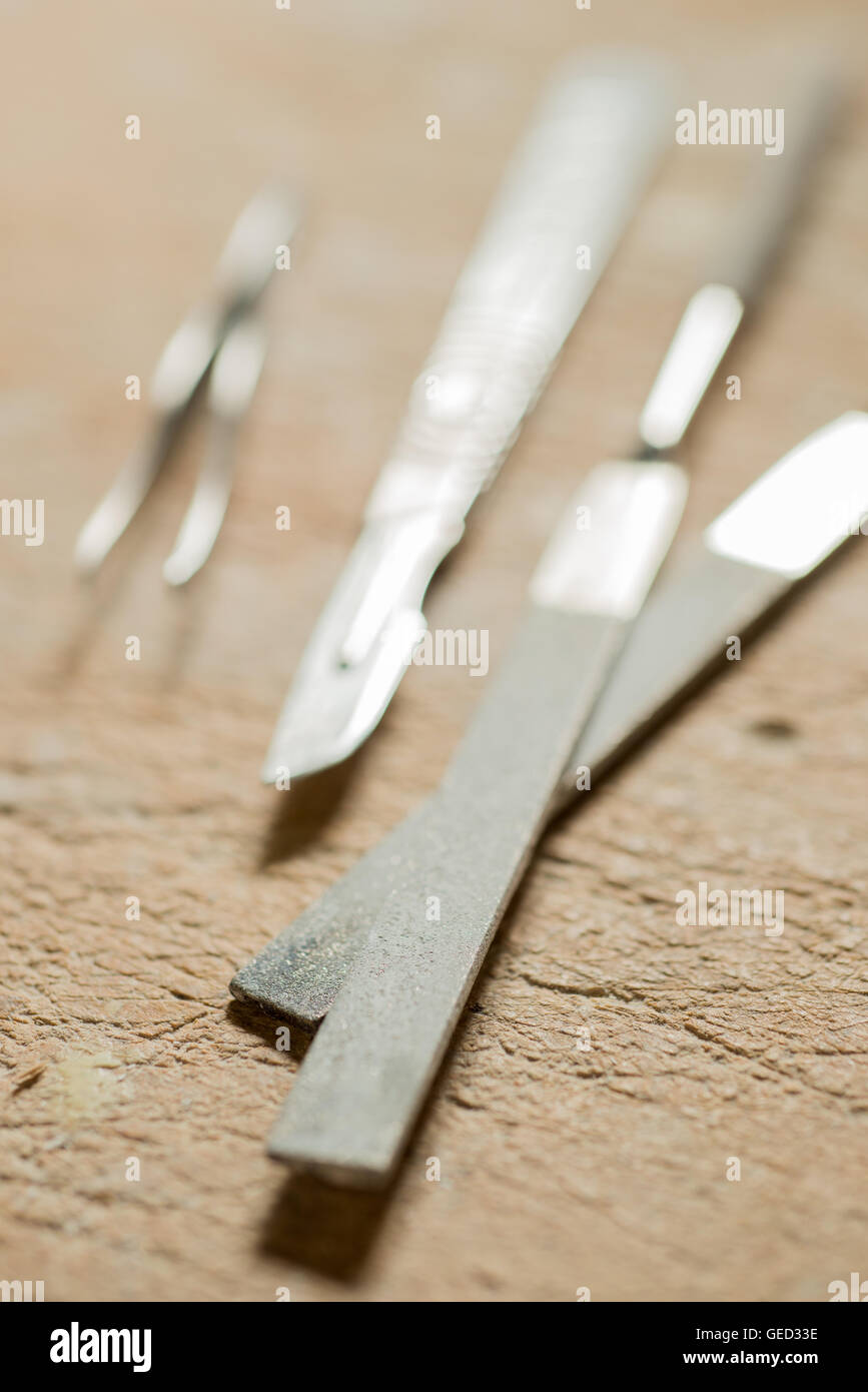 A pair of small rasps or files with a precision knife and tweezers in ...