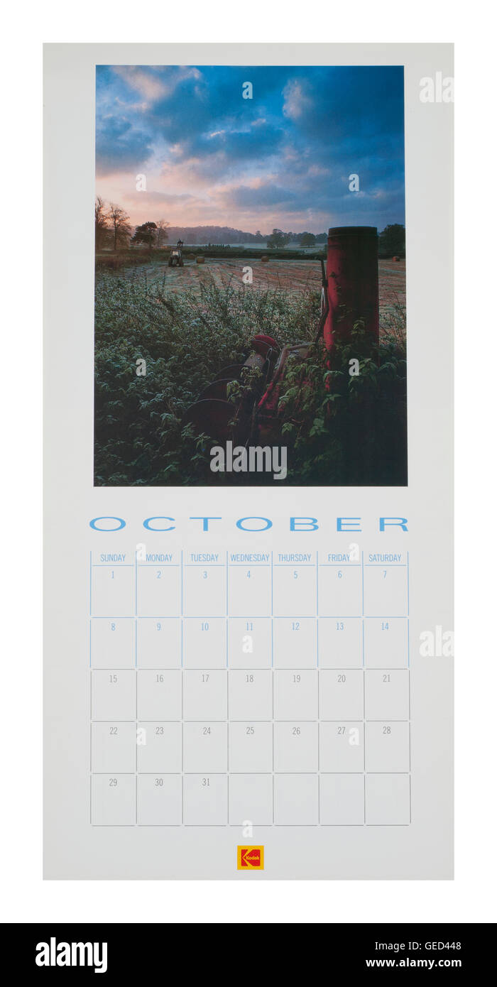 1989 Kodak Calendar October page featuring dawn over a traditional ...