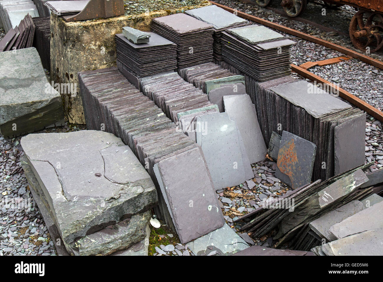 Rows of roofing slates at the National Slate Museum in Llanberis, North ...