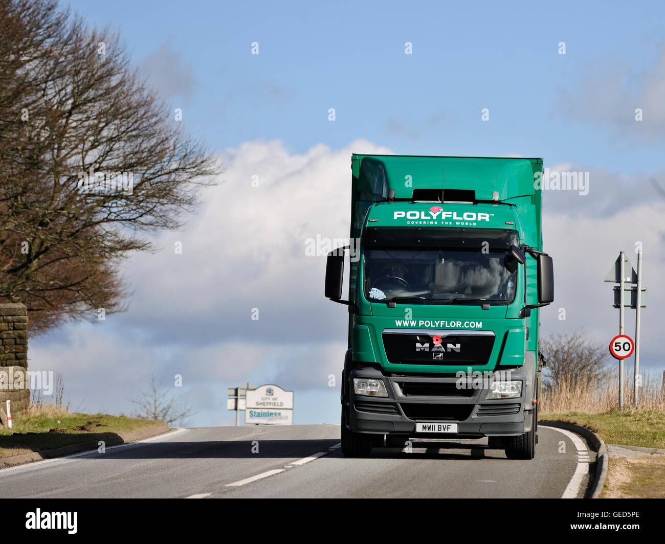 Man curtainsider truck rounding a bend on the A57 Snake Pass Stock ...