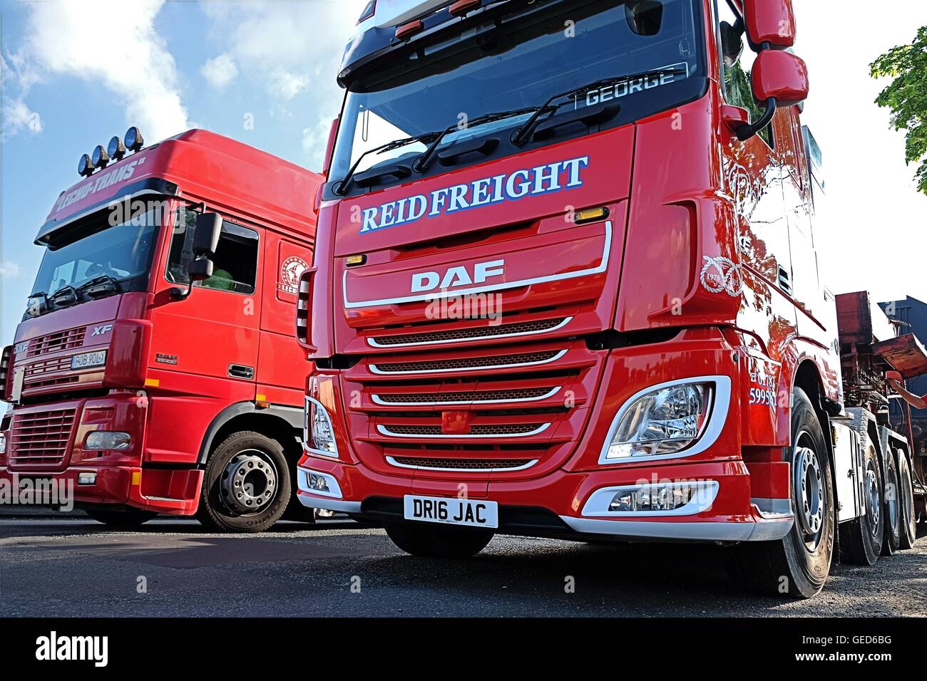 Two DAF heavy trucks (one Dutch, one UK plate) parked side by side in a ...