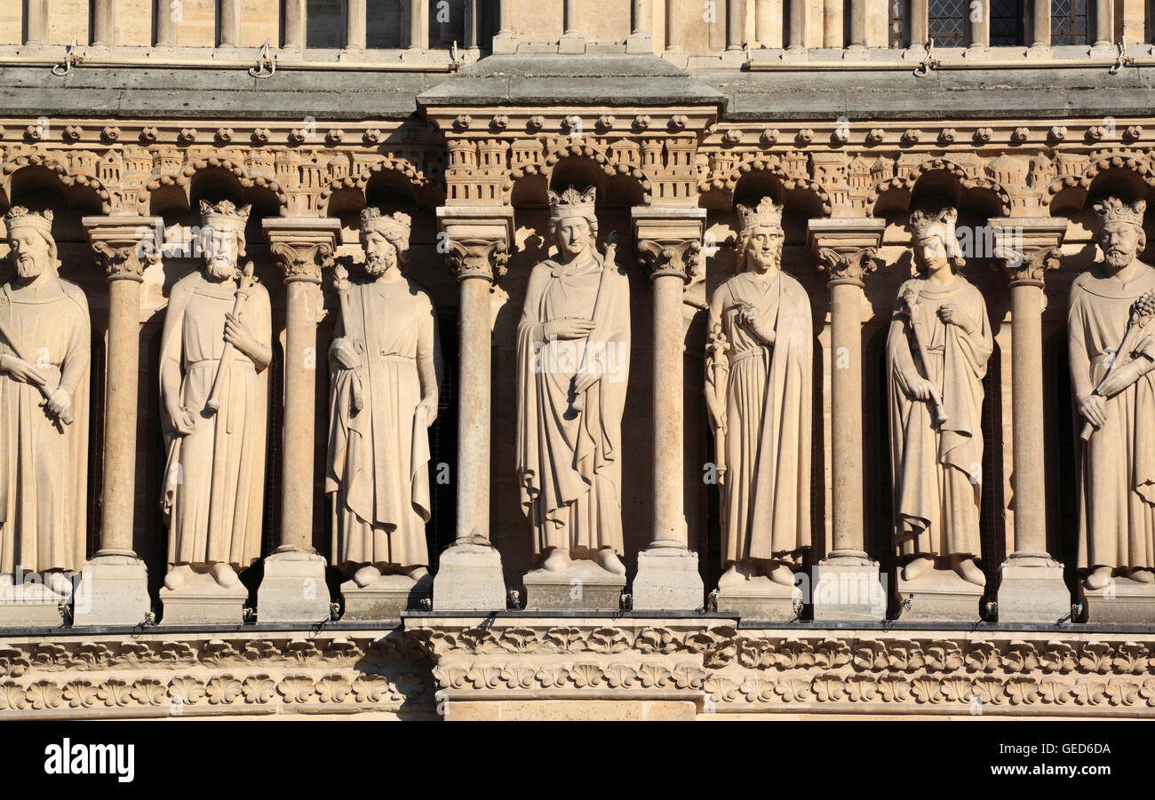 A section of the Gallery Of Kings on Notre Dame's Western Facade, Paris ...
