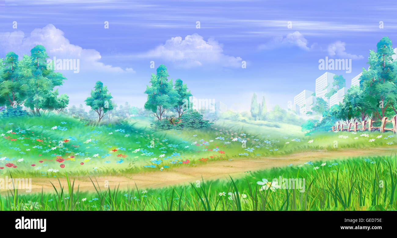 Rural landscape with flowers and grass around a path Stock Photo - Alamy