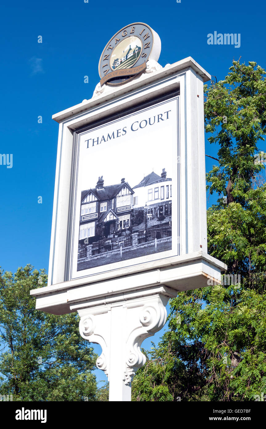 The Thames Court Pub sign on River Thames, Towpath, Shepperton, Surrey ...