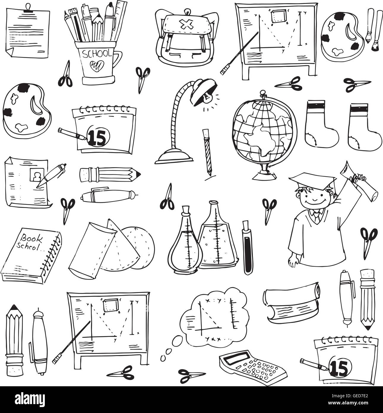 School education doodles element pencil book bag Stock Vector Image ...