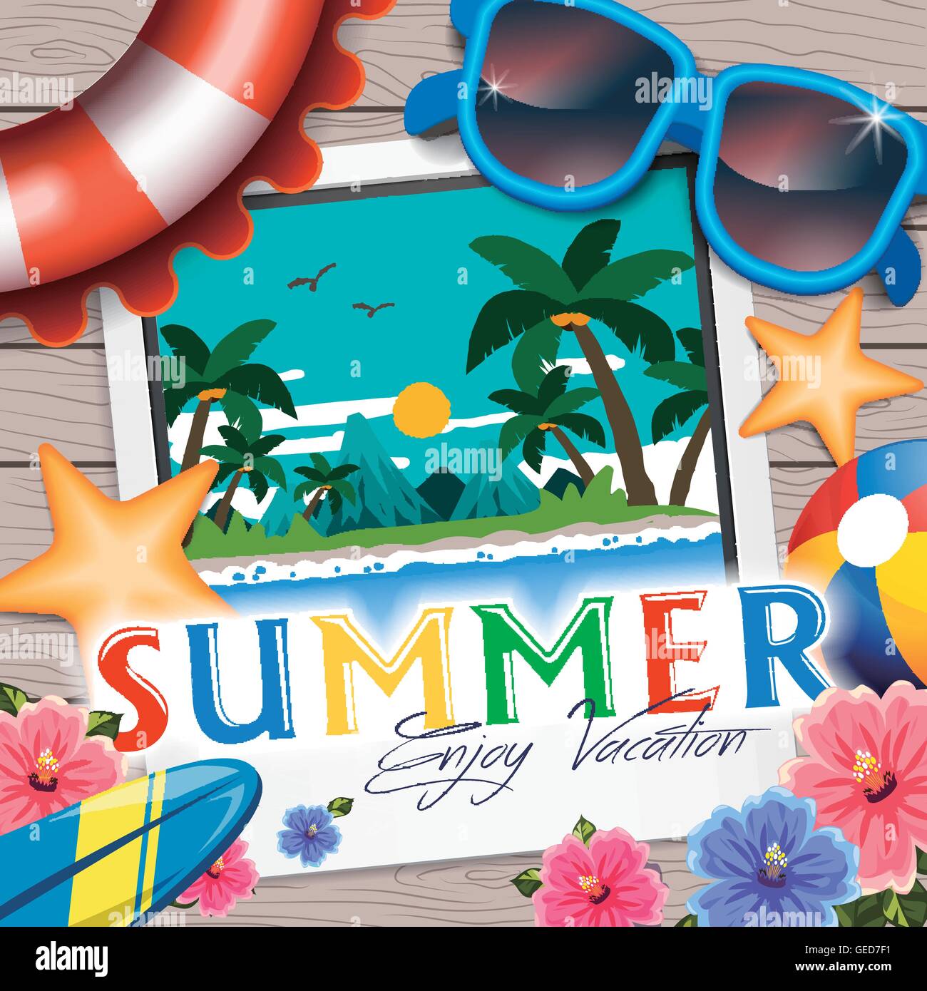 Delightful summer poster design - summer related stuffs placed on ...