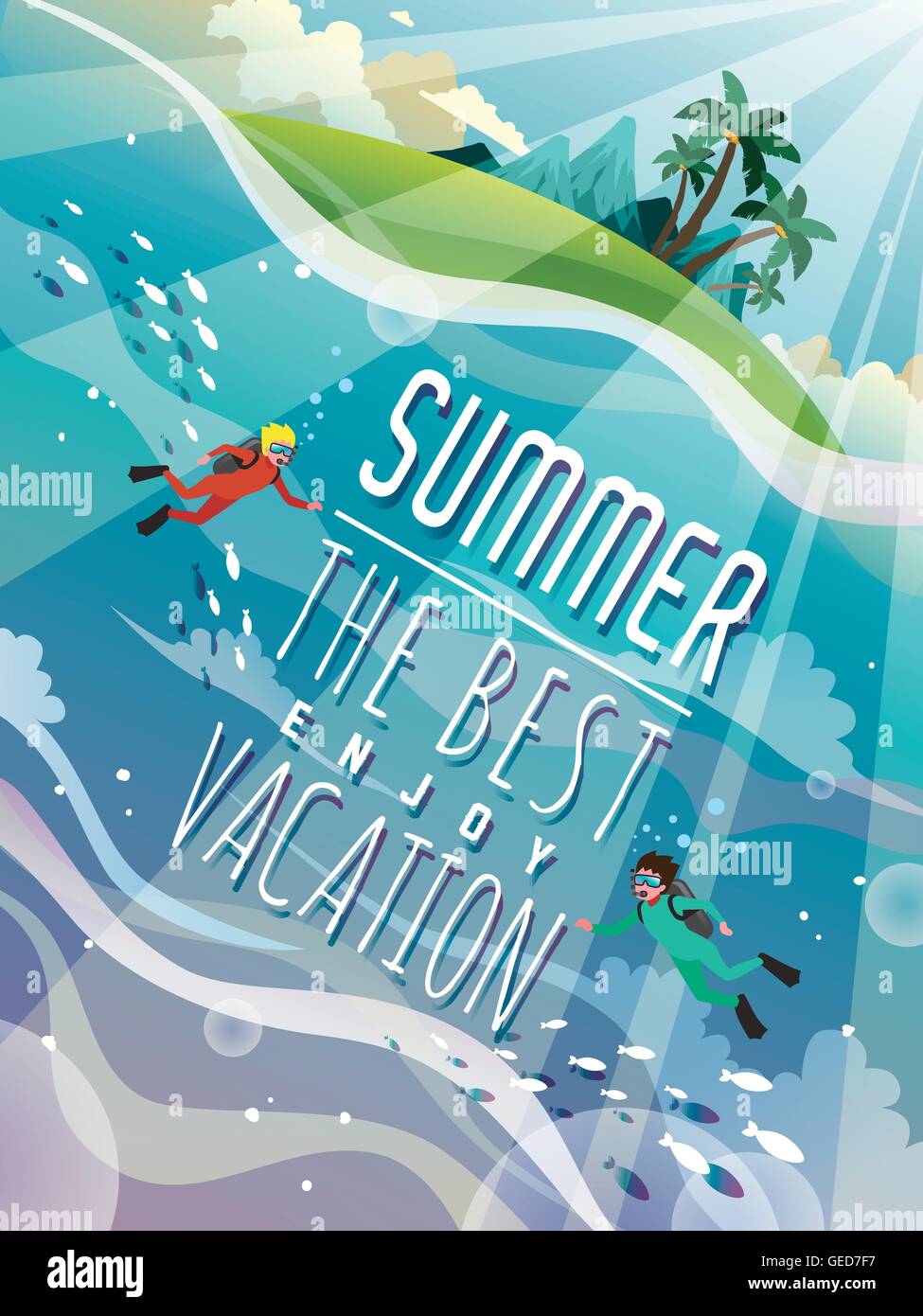 Breathtaking summer poster design - underwater world with scuba diver ...