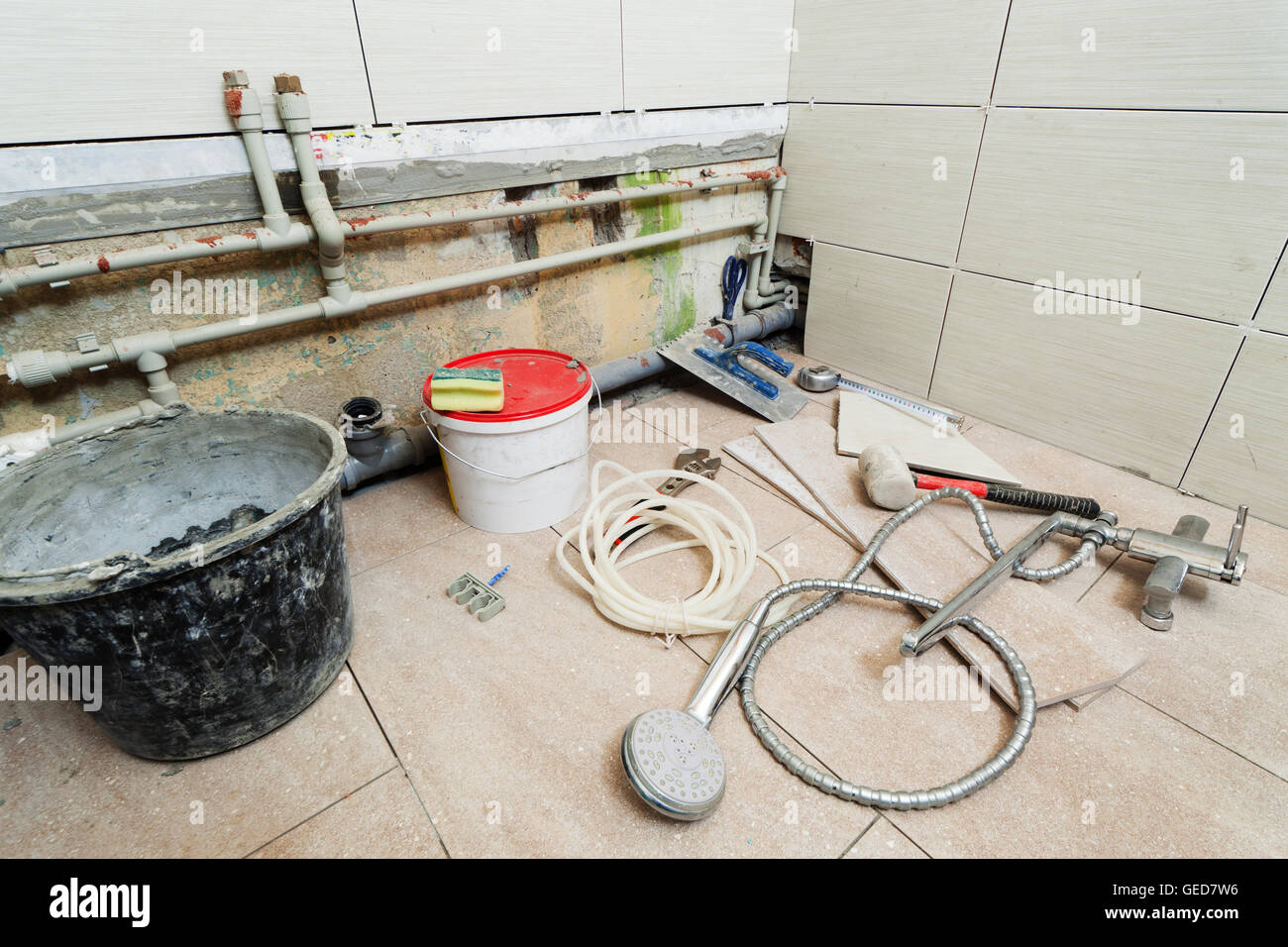 different tools for repair in the bathroom Stock Photo - Alamy