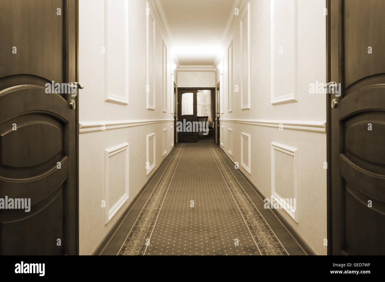 Long corridor with a window in modern hotel Stock Photo - Alamy