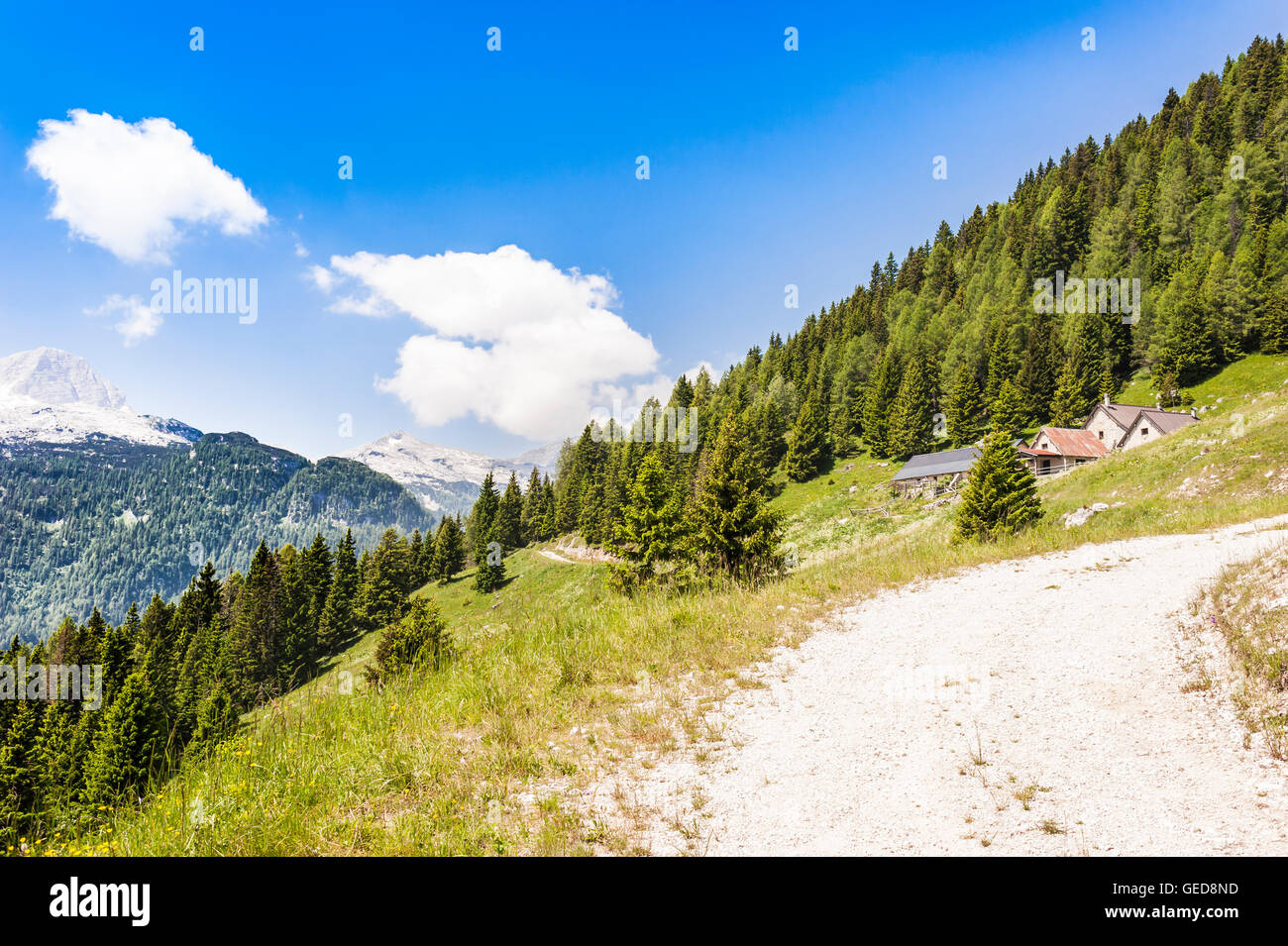 Mountain landscape with small farm (malga , Alpine hut.)for mountain ...