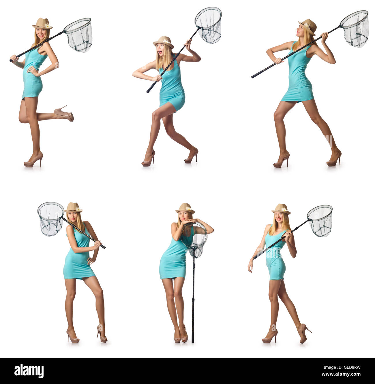 Woman with catching net isolated on white Stock Photo - Alamy