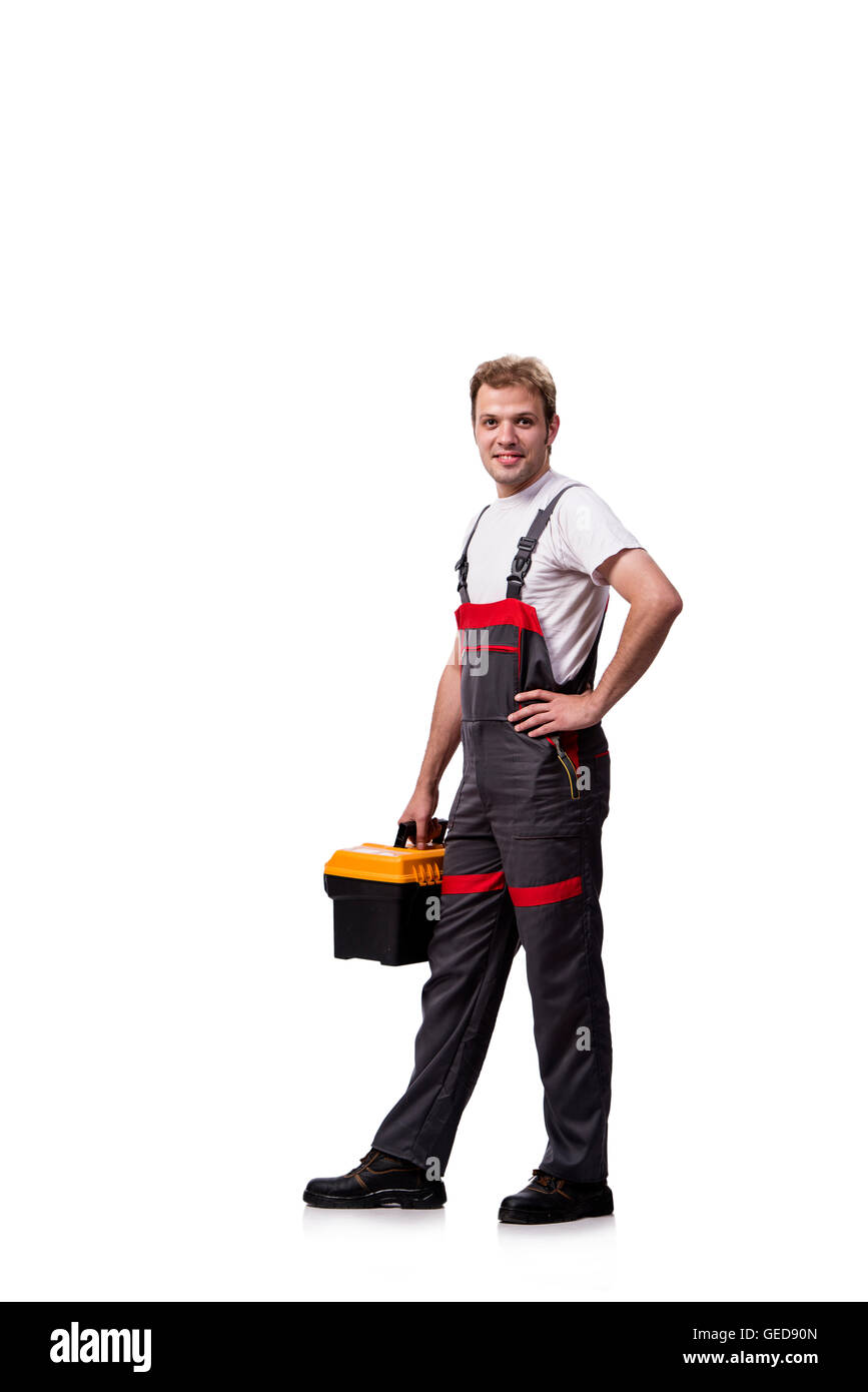 Young man with toolkit toolbox isolated on white Stock Photo - Alamy