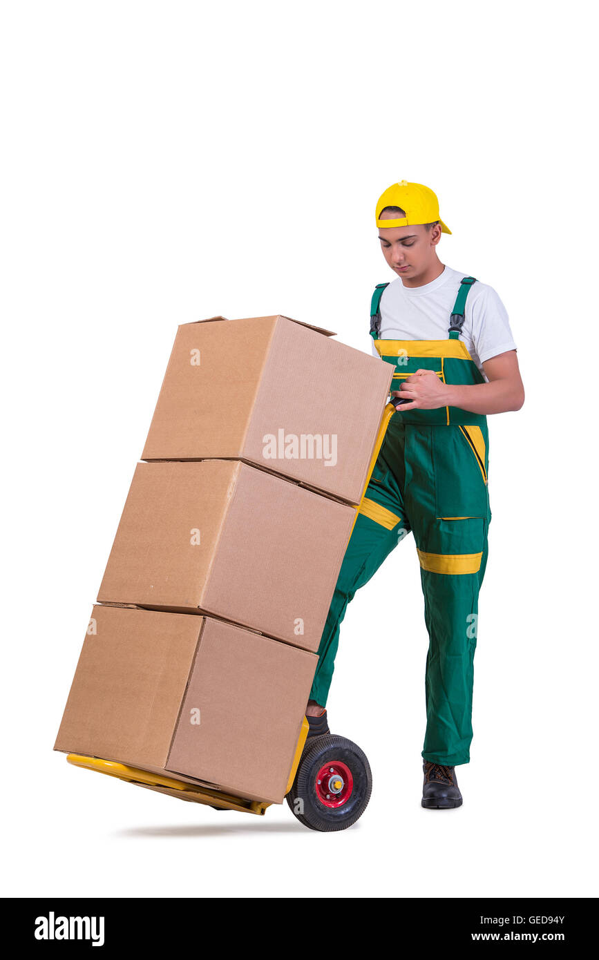 Young man moving boxes with cart isolated on white Stock Photo - Alamy