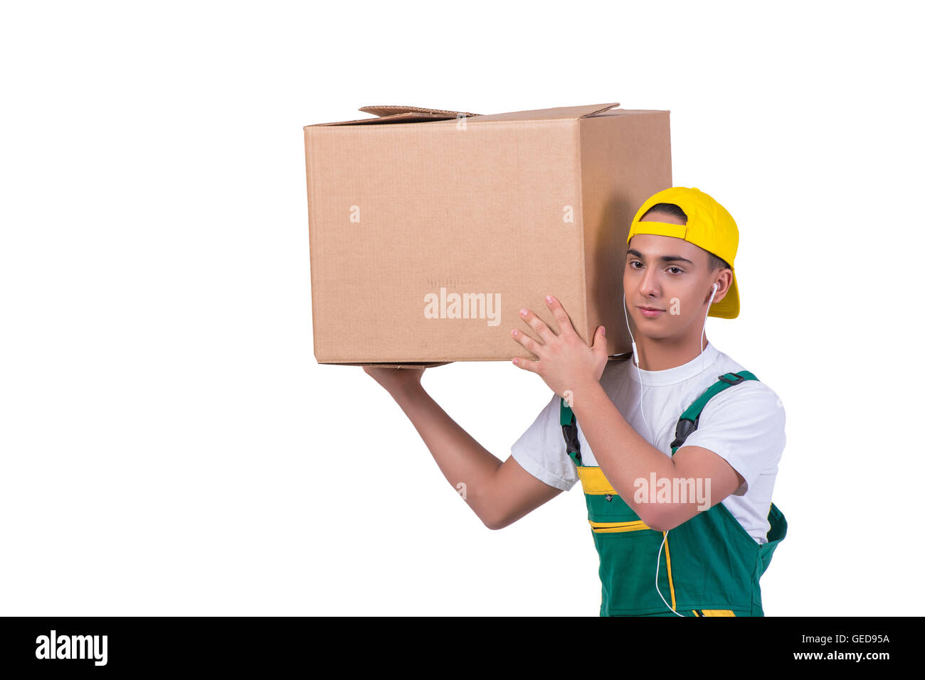Young man moving boxes isolated on white Stock Photo - Alamy