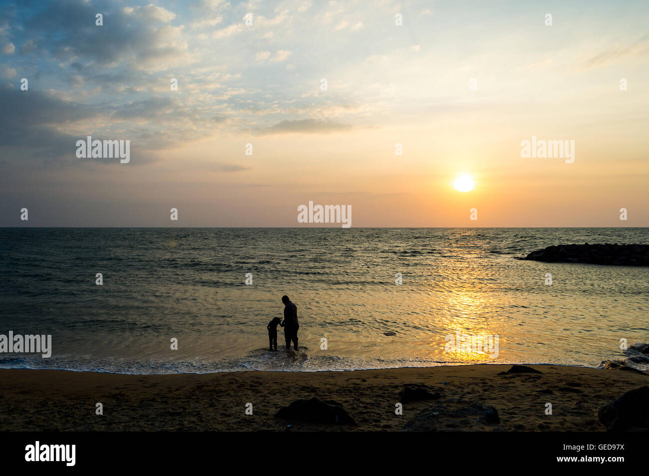 Happy Father Holding Daughter Beach Sunset High Resolution Stock ...