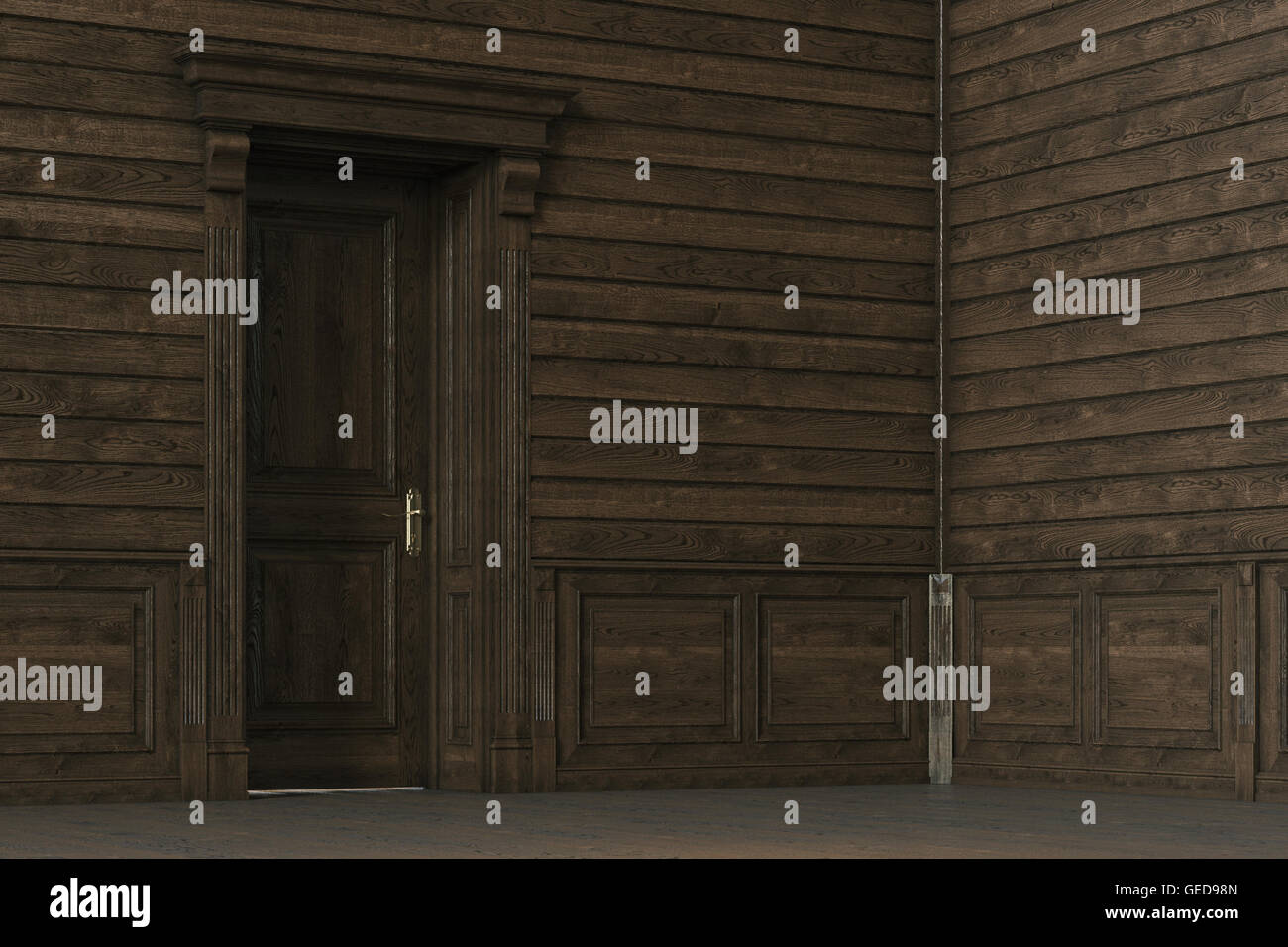 Classic wooden interior design with closed door. 3d render Stock Photo ...