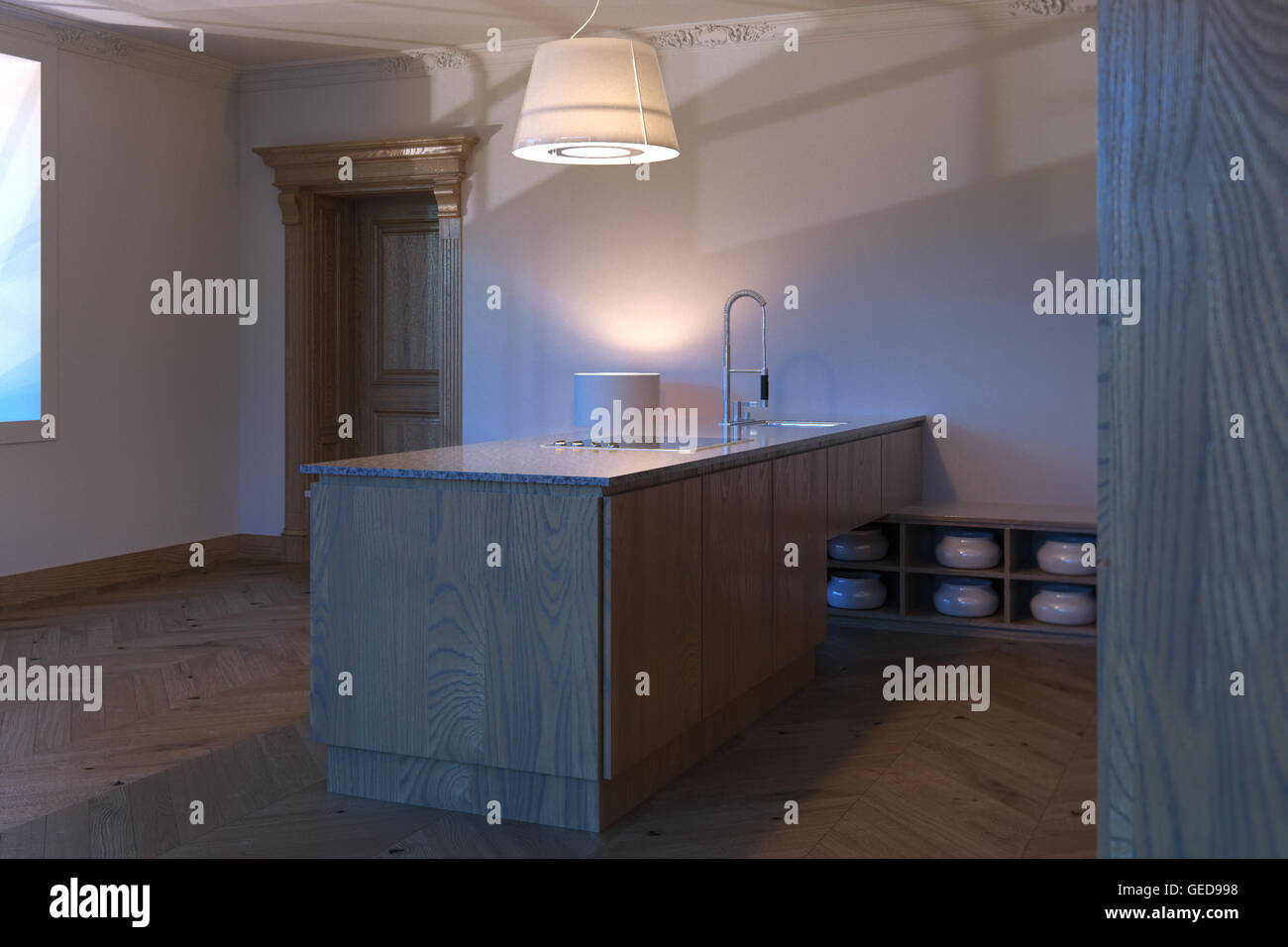 Classic wooden kitchen interior design. 3d render Stock Photo - Alamy