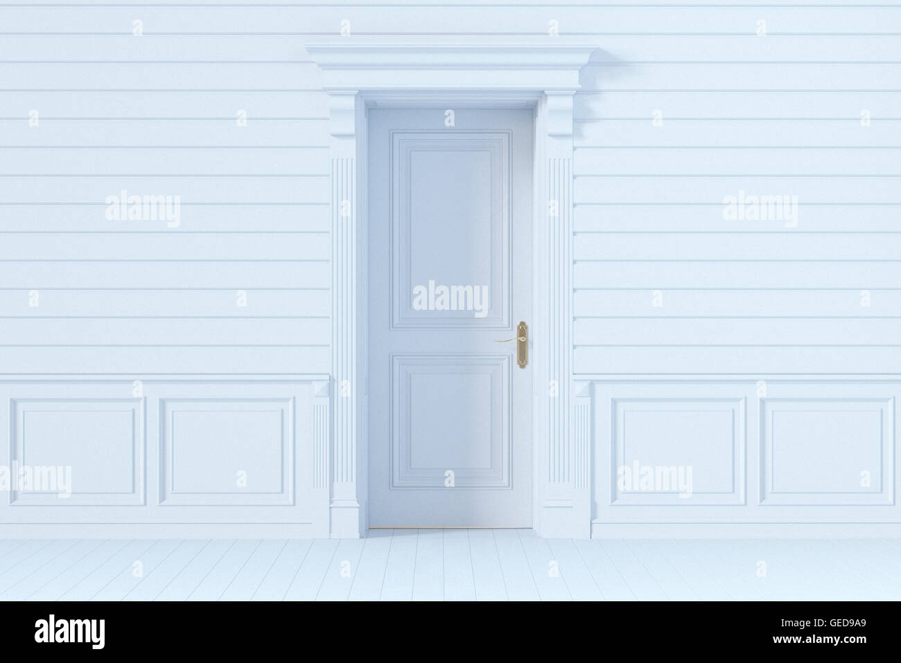Closed door in white wooden interior. 3d render Stock Photo - Alamy