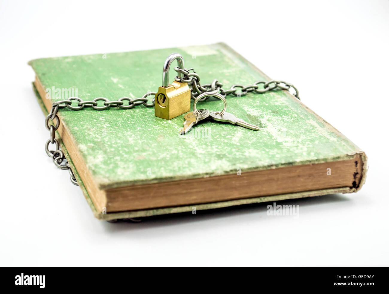 secret knowledge chained book with padlock in a white background closed ...