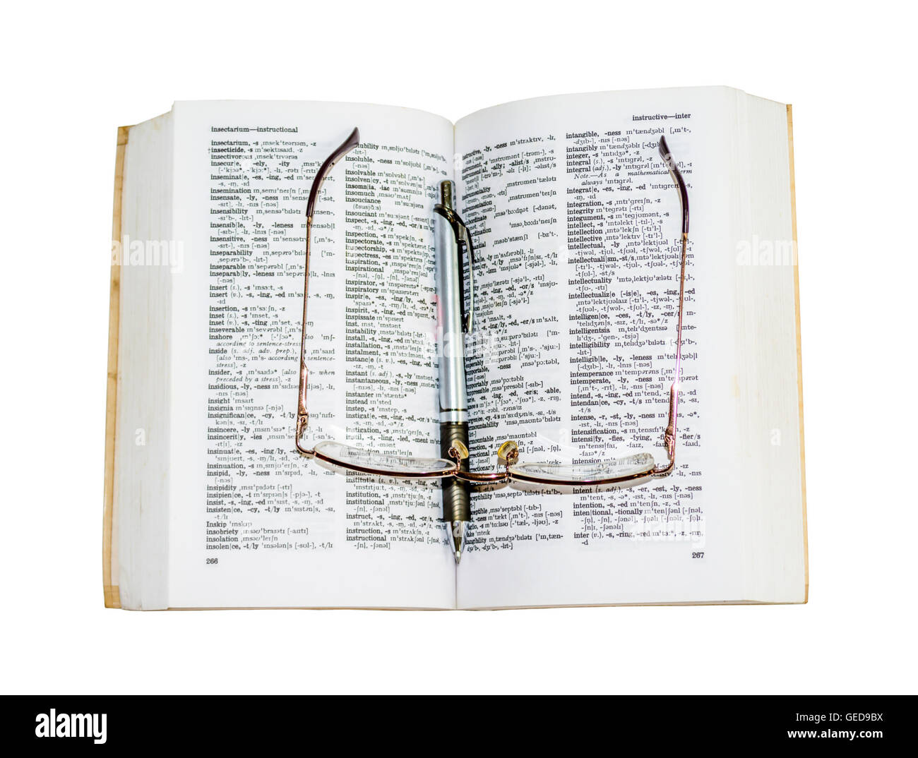 Dictionary, pen and Glasses with clipping path in white background ...