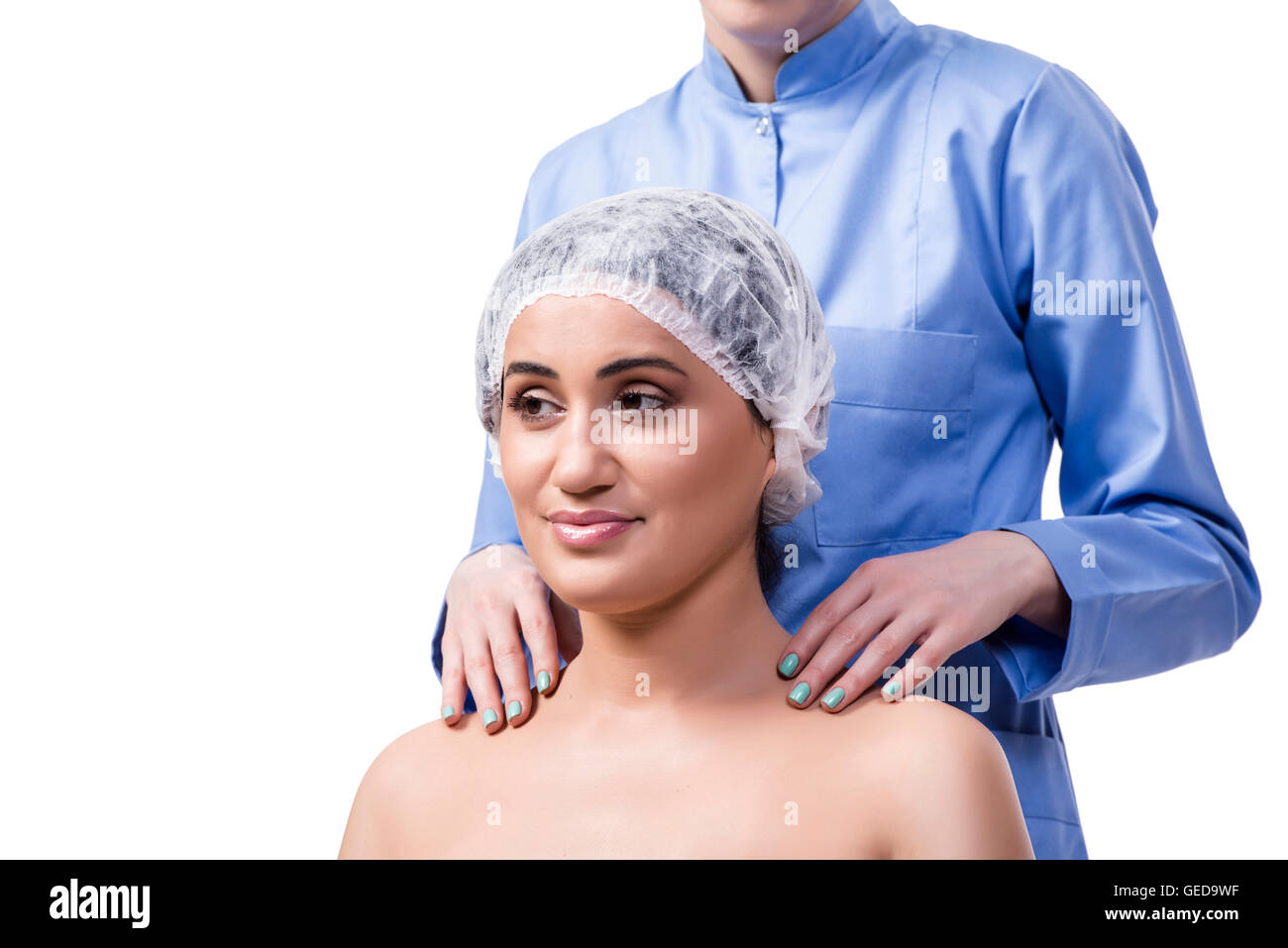 Young woman preparing for plastic surgery isolated on white Stock Photo ...