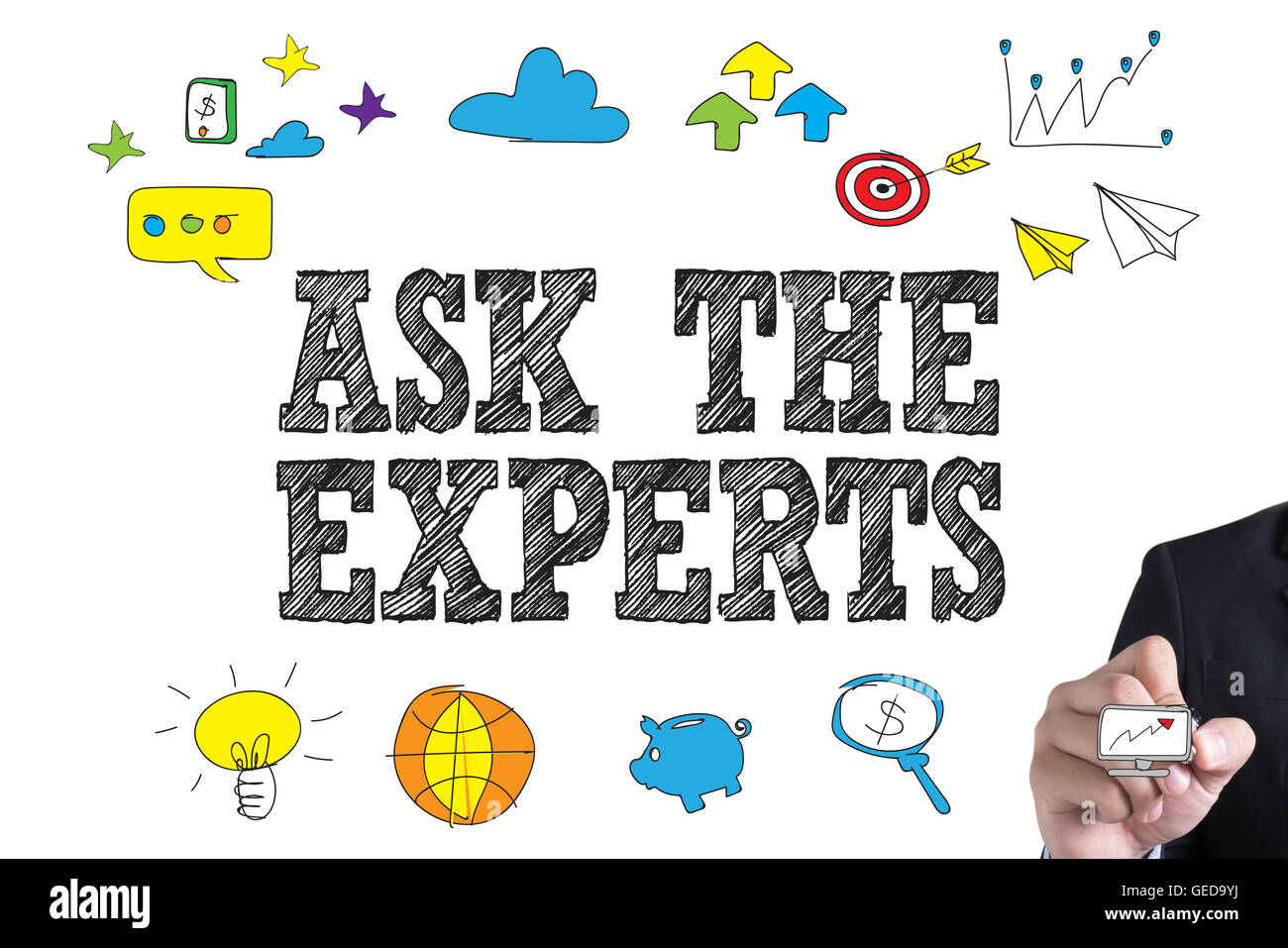 ASK THE EXPERTS Businessman hand writing with black marker on white ...