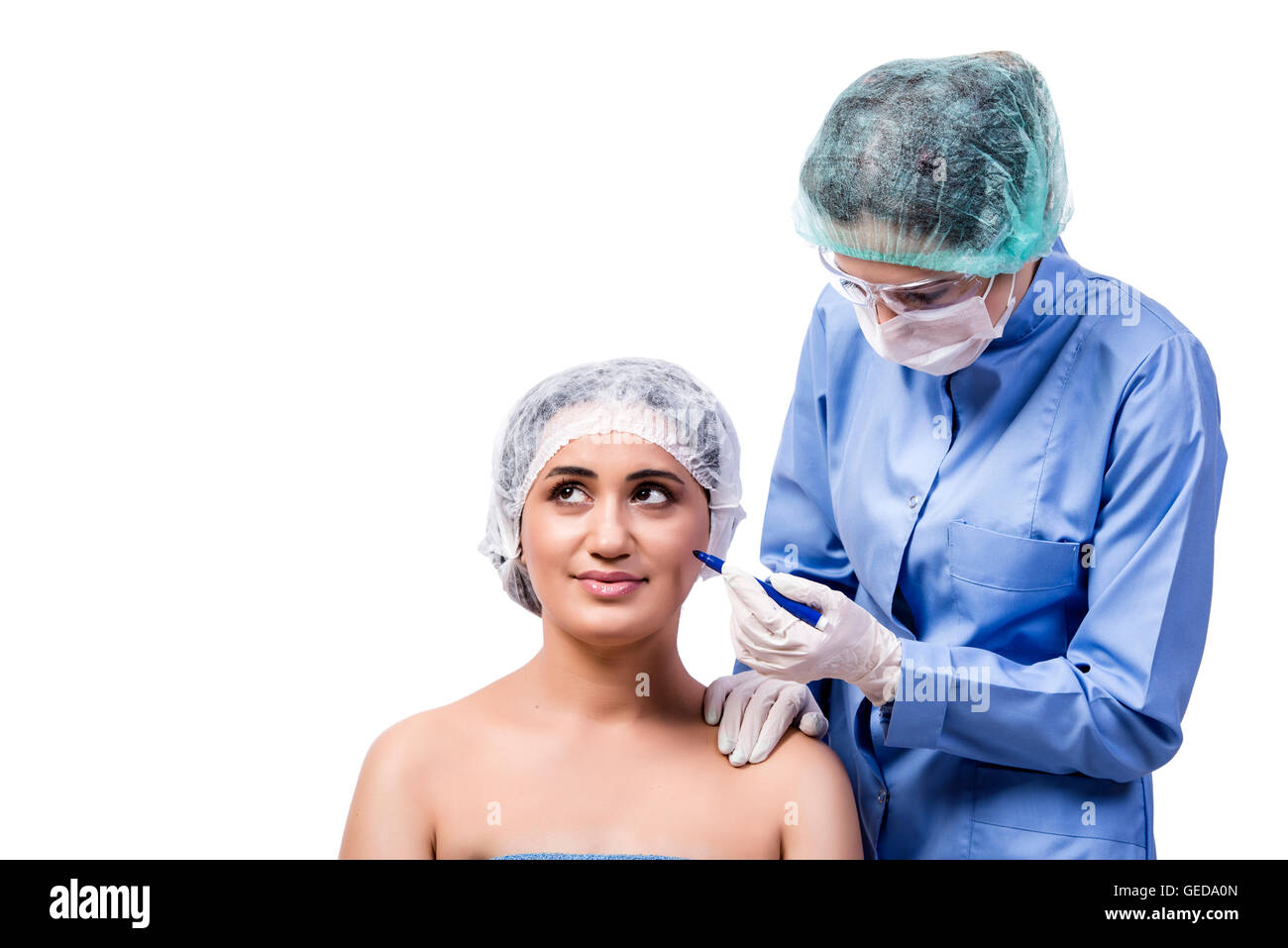 Young woman preparing for plastic surgery isolated on white Stock Photo ...