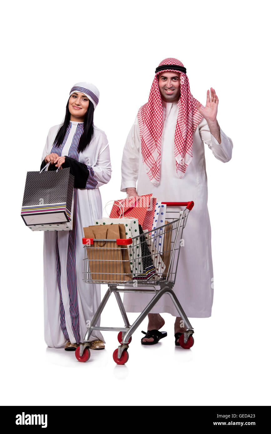 Happy arabic family after shopping isolated on white Stock Photo - Alamy