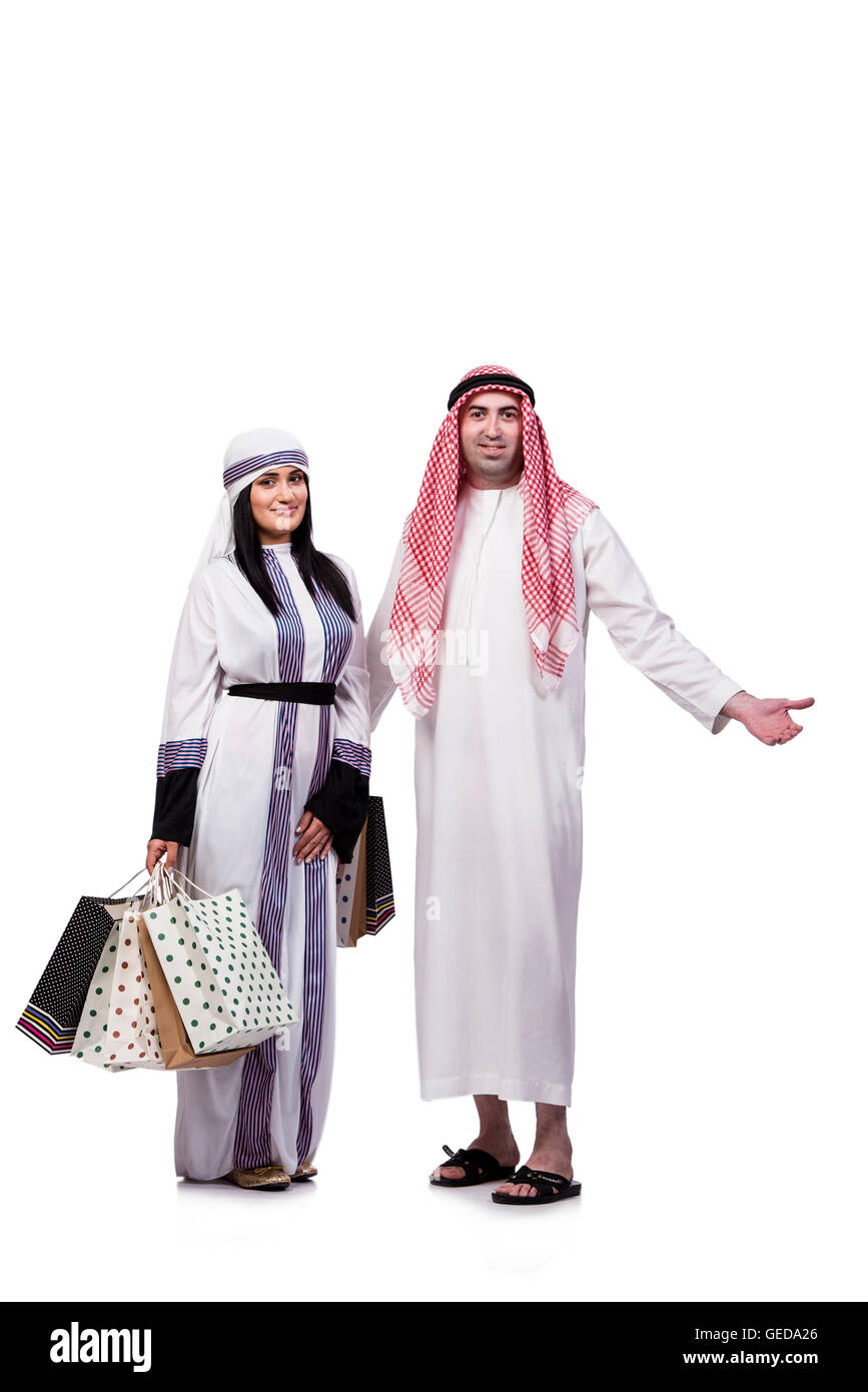 Happy arabic family after shopping isolated on white Stock Photo - Alamy