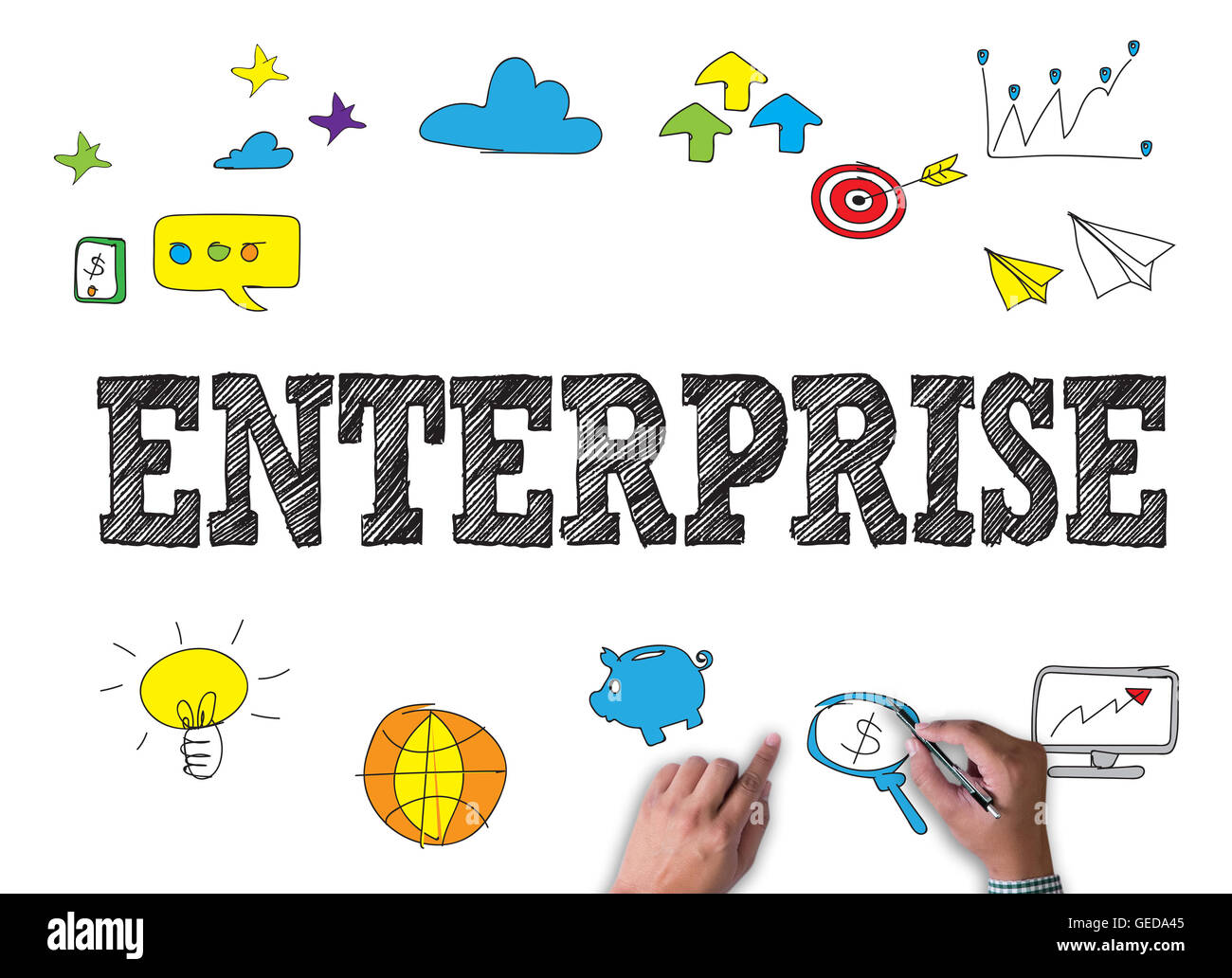 ENTERPRISE businessman work on white broad, top view Stock Photo - Alamy