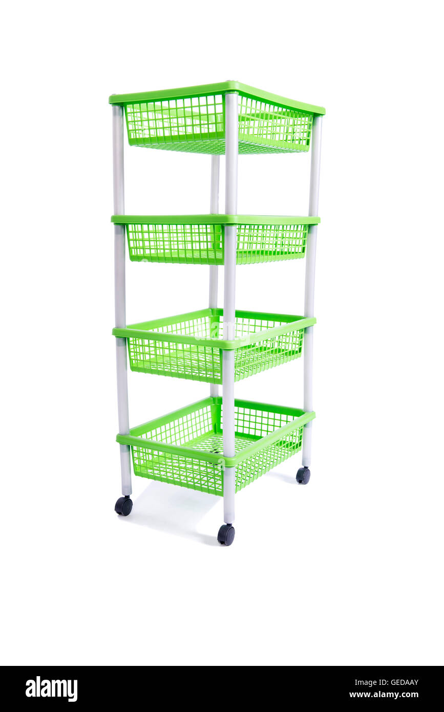 Green bin rack shelf with wheels isolated on white Stock Photo - Alamy