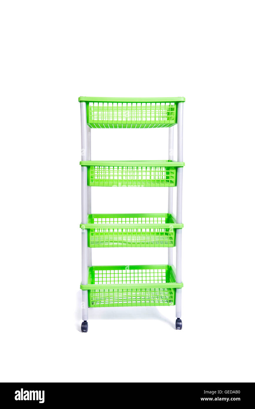Green bin rack shelf with wheels isolated on white Stock Photo - Alamy