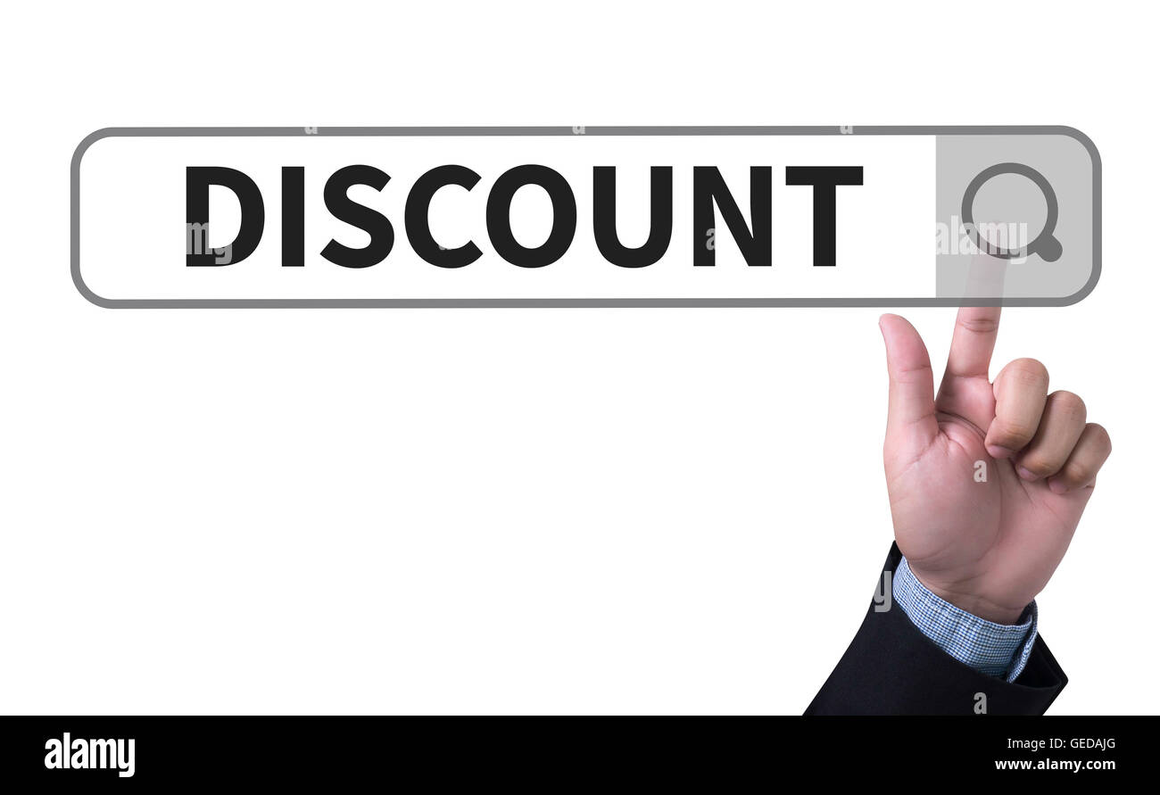 DISCOUNT man pushing (touching) virtual web browser address bar or ...