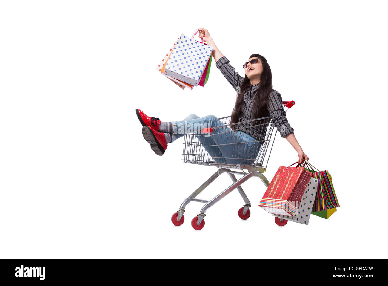 Young woman happer after shopping isolated on white Stock Photo - Alamy