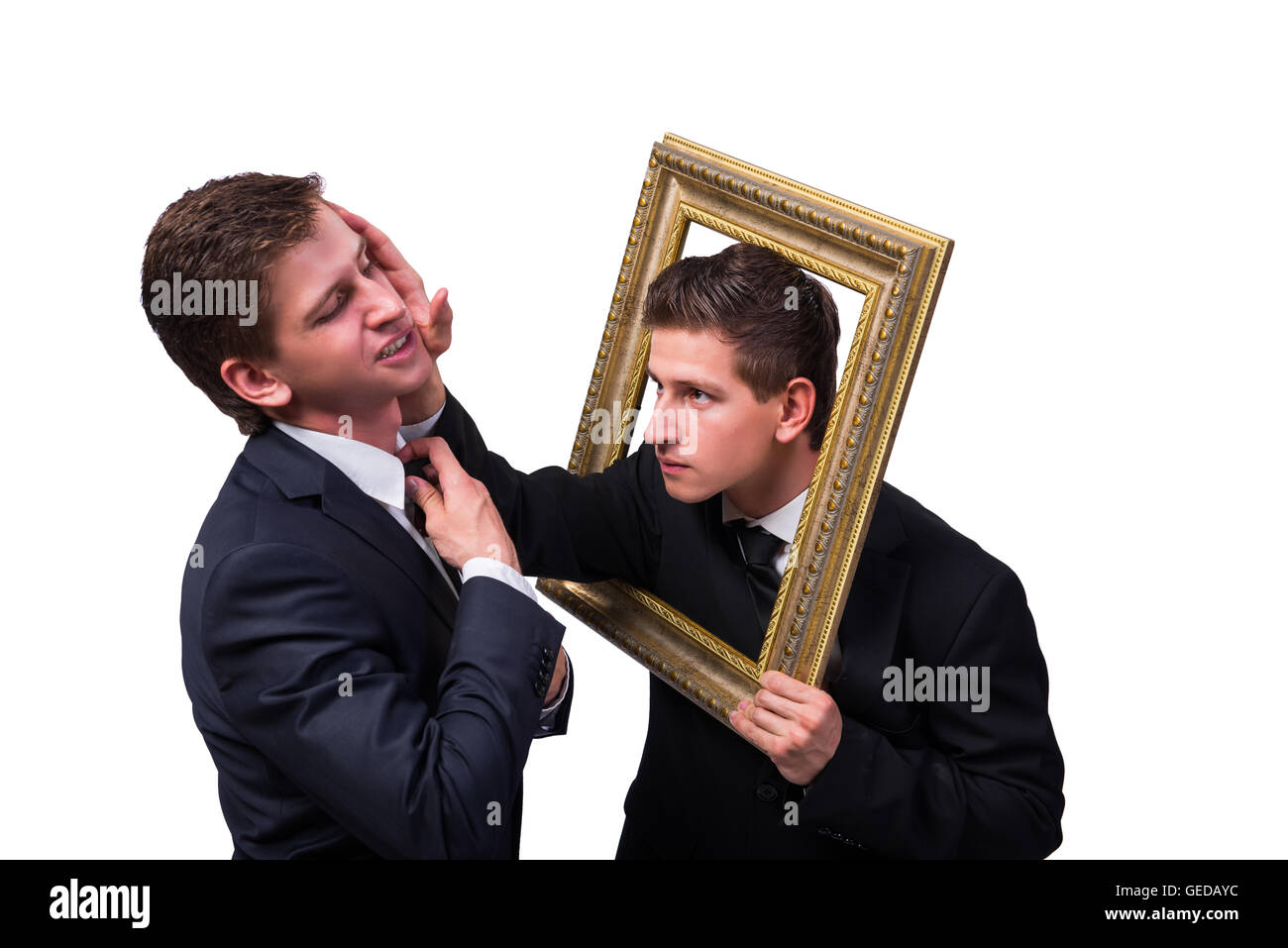 Two twins businessmen arguing with each other isolated on white Stock ...