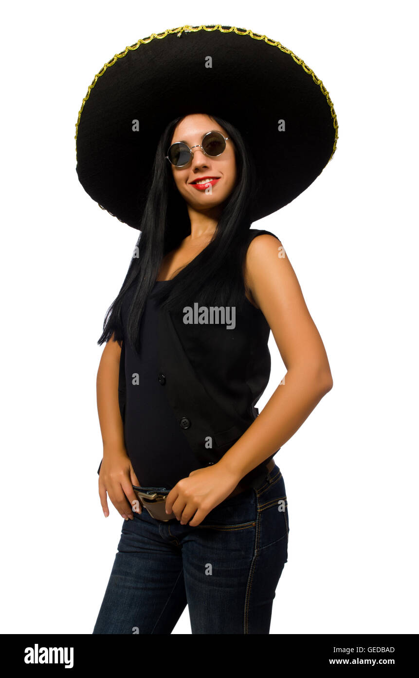 Young mexican woman wearing sombrero isolated on white Stock Photo - Alamy