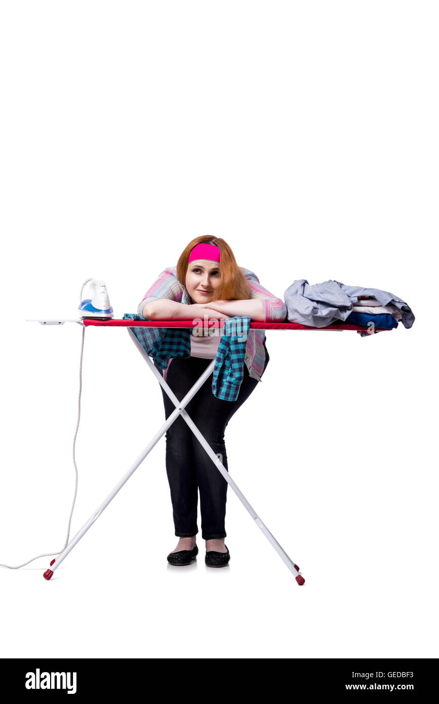 Young woman doing ironing isolated on white Stock Photo - Alamy