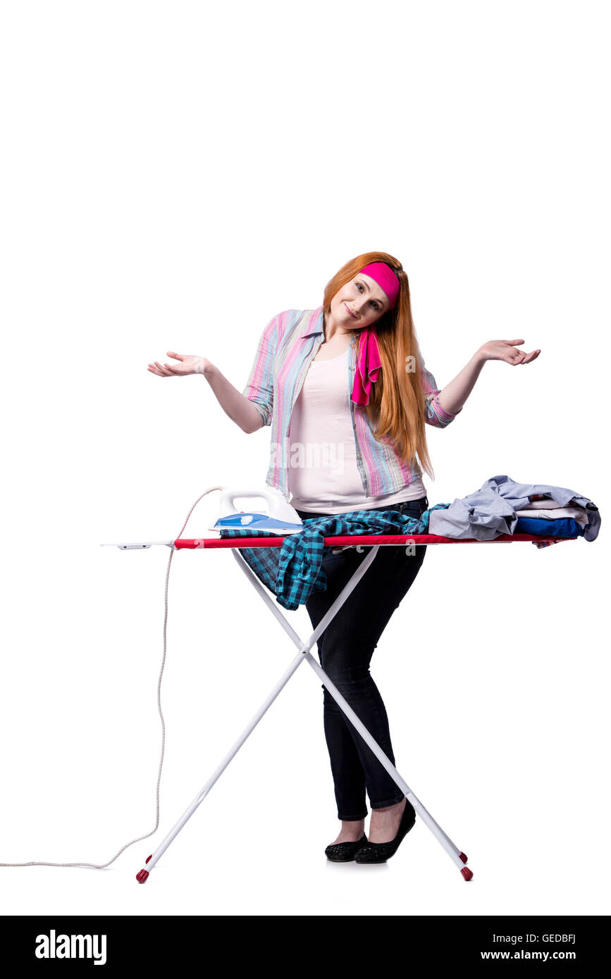 Young woman doing ironing isolated on white Stock Photo - Alamy